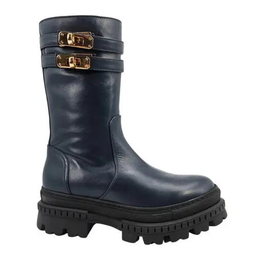 MADISON MAISON Shearling Lined Buckle Strap Platform Boots - Navy