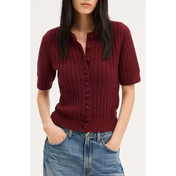 Madewell Textured Stitch Short Sleeve Cardigan - Cabernet