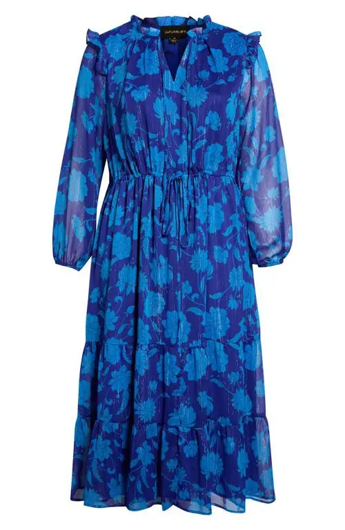 SUGARLIPS Kristen Balloon Sleeve Tiered Midi Dress - Navy-multi