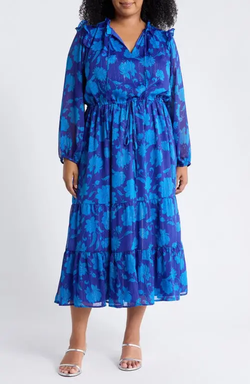 SUGARLIPS Kristen Balloon Sleeve Tiered Midi Dress - Navy-multi
