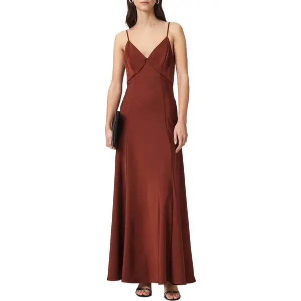 ALLSAINTS Irina Satin Maxi Slipdress - Rust Brown