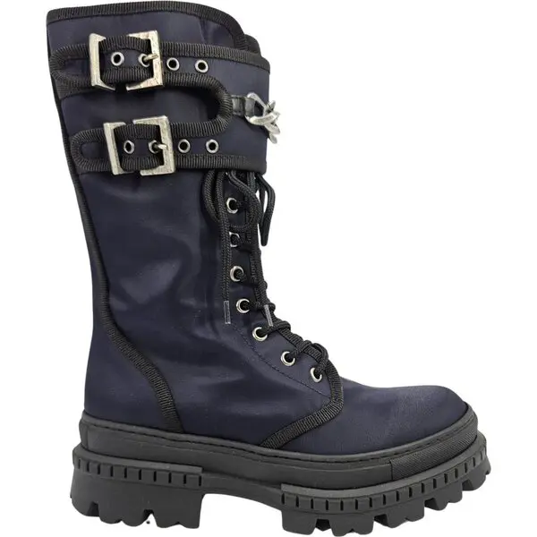 MADISON MAISON Chain Detail Buckled Combat Boot - Navy