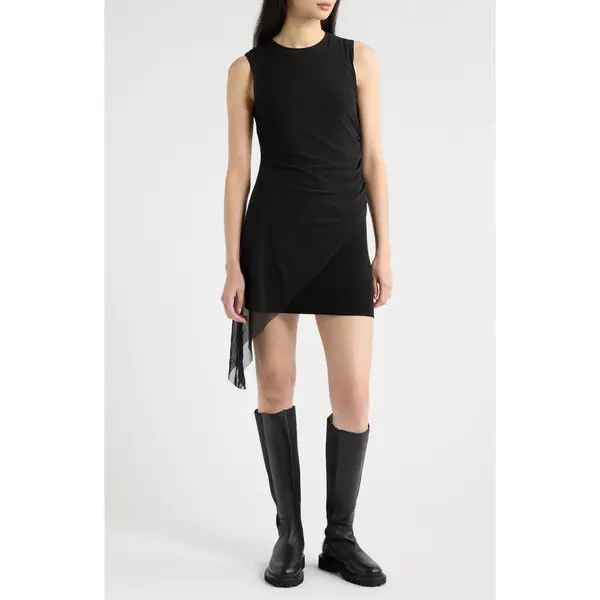 ALLSAINTS Riley Sheer Sleeve Mesh Panel Draped Mini Dress - Black
