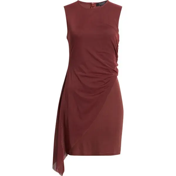 ALLSAINTS Riley Sheer Sleeve Mesh Panel Draped Mini Dress - Burnt Red