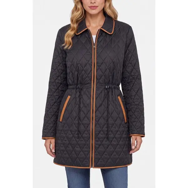 LIVERPOOL Faux Leather Trim Quilted Coat With Cinch Waist - Black