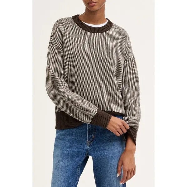 Madewell Textured Stitch Crewneck Sweater In 100% Cotton - Canvas And Dark Brown Pattern