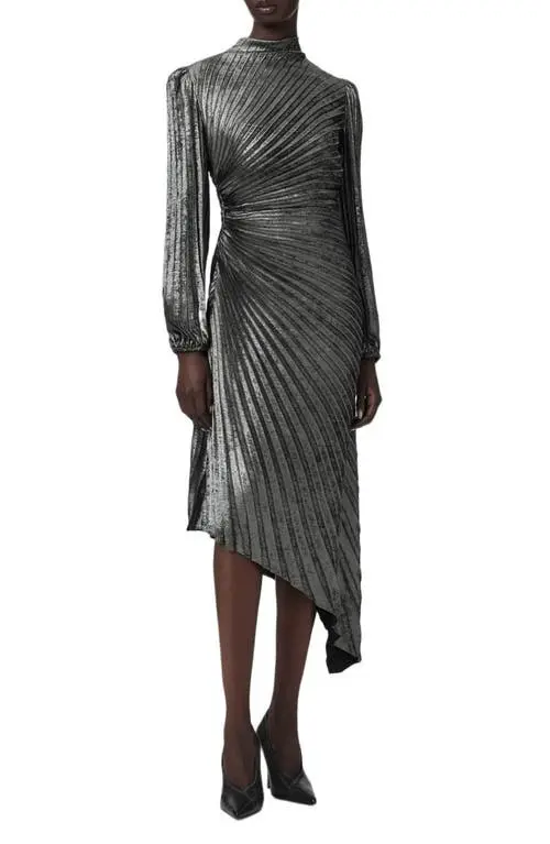 ALLSAINTS Milena Pleated Metallic Midi Dress - Platinum Silver