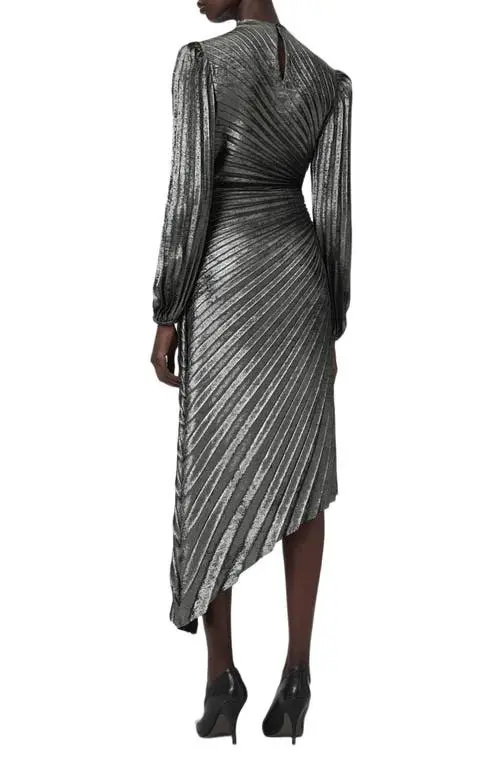 ALLSAINTS Milena Pleated Metallic Midi Dress