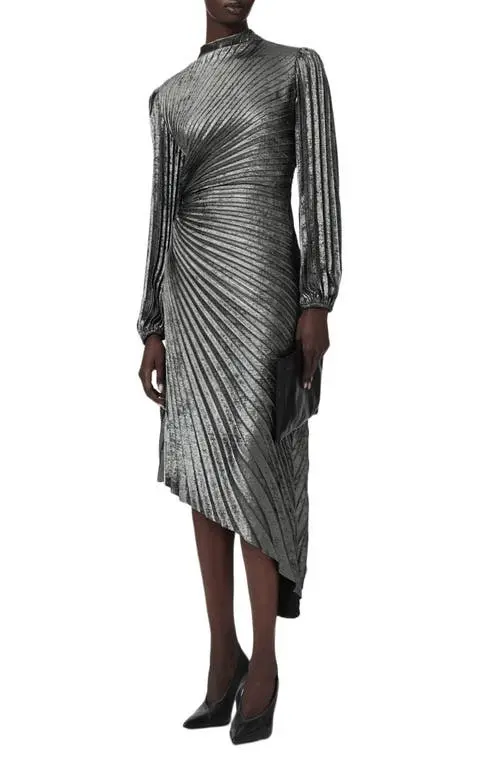 ALLSAINTS Milena Pleated Metallic Midi Dress