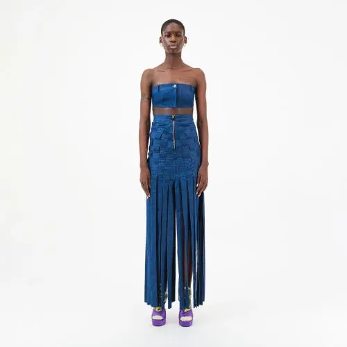 UCHÈ Medusa Fringe Maxi Skirt - Denim/blue