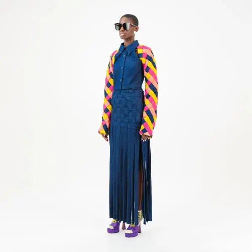 UCHÈ Medusa Fringe Maxi Skirt - Denim/blue