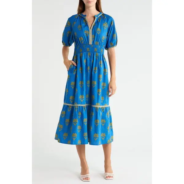 SUGARLIPS Floral Cotton Midi Dress With Smocked Waist - Navy Olive