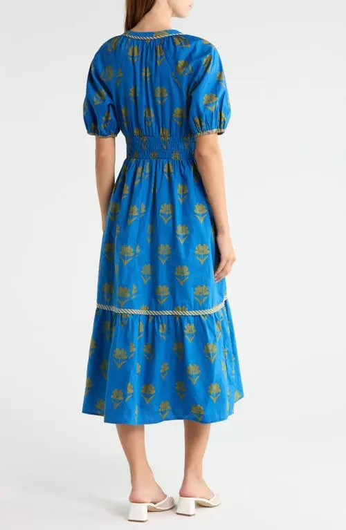 SUGARLIPS Floral Cotton Midi Dress With Smocked Waist