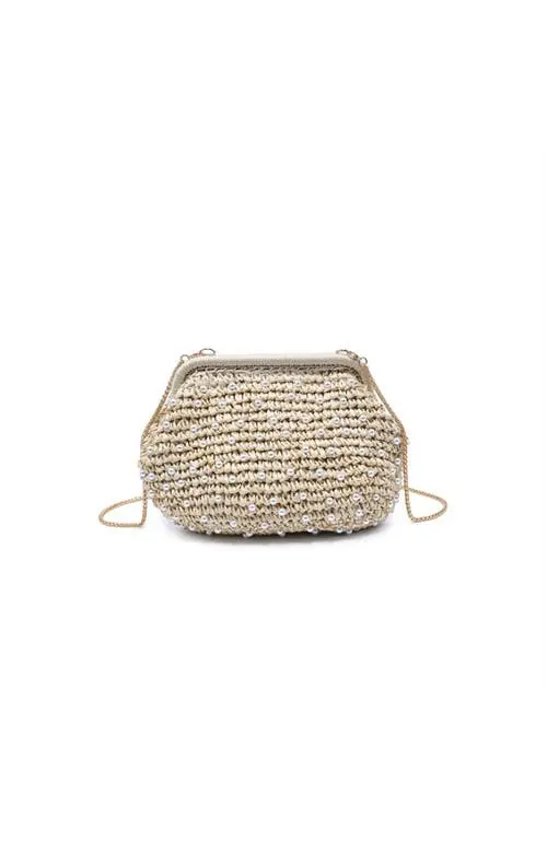 URBAN EXPRESSIONS Pearl Embellished Woven Clutch With Chain Strap - Ivory