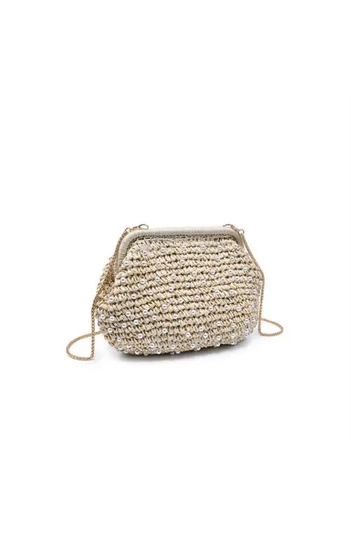 URBAN EXPRESSIONS Pearl Embellished Woven Clutch With Chain Strap