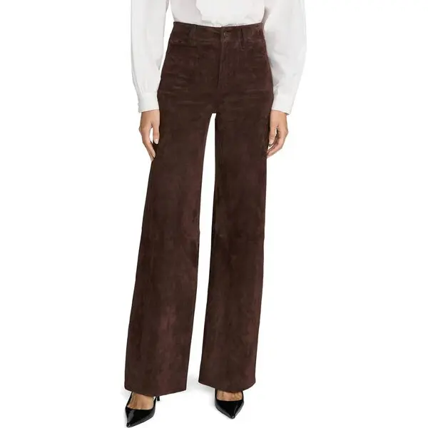 FRAME The Slim Palazzo Pocket Suede Leather Wide Leg Pants - Dark Brown