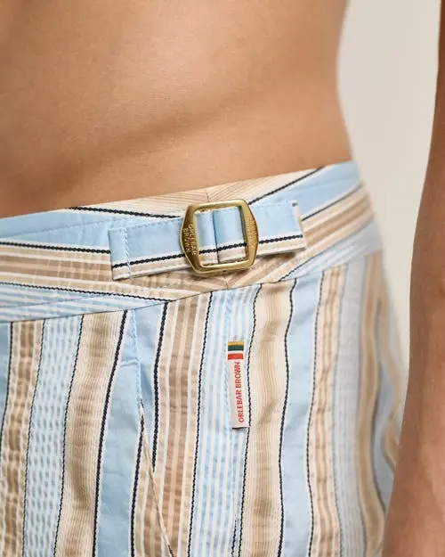 Orlebar Brown Bulldog Mid-length Swim Shorts With Striped Print - Blue/biscuit Stripe