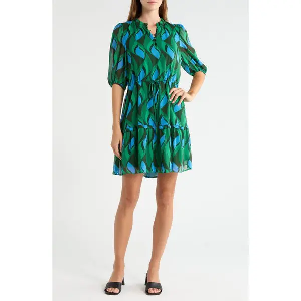 SUGARLIPS Abstract Print Tiered Mini Dress - Emerald Blue
