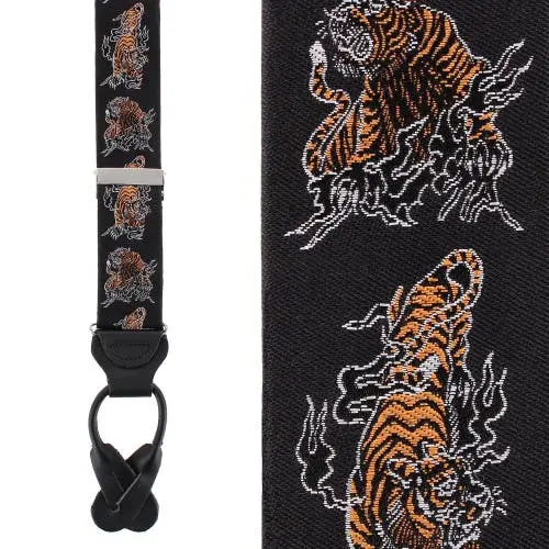 Trafalgar Bengali Crouching Tiger Silk Novelty Button End Suspenders - Black
