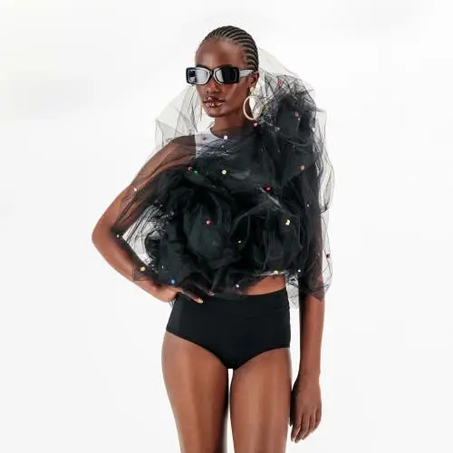 UCHÈ Uche Dream Tank Top With Draped Tulle And Embellishments