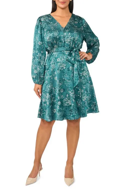 Vince Camuto Long Sleeve Floral Print Fit & Flare Dress - Deep Emerald