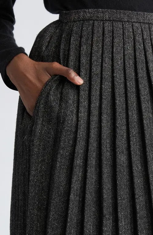 MERUERT TOLEGEN Pleated Herringbone Linen & Wool Blend Midi Skirt