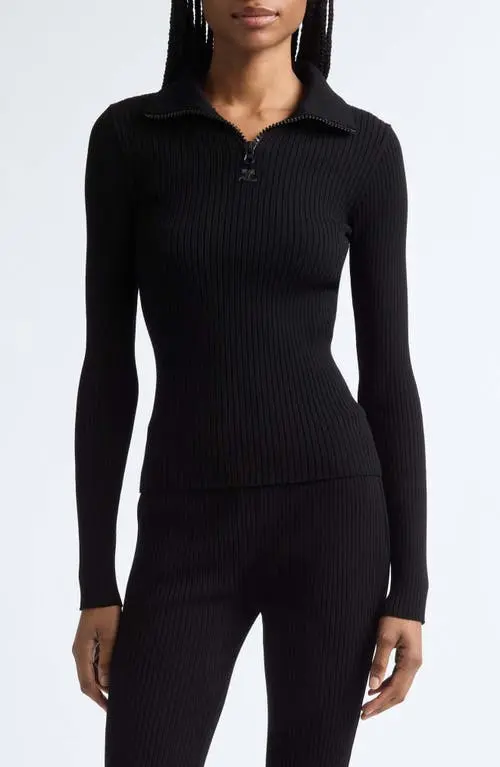 COURREGES Ribbed Mock Neck Half-zip Sweater - Black