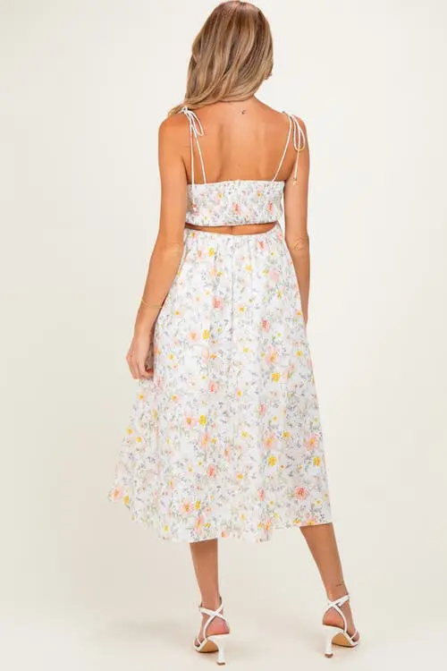 PINKBLUSH Floral Shoulder Tie Cutout Midi Dress