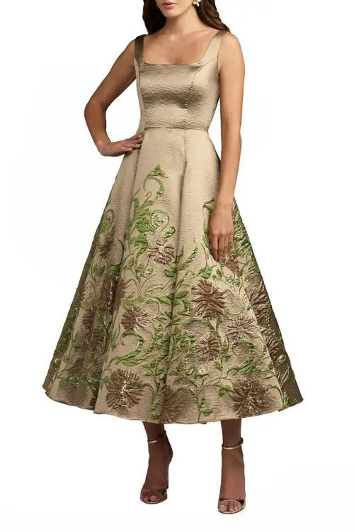 Mac Duggal Embroidered Floral Jacquard A-line Midi Dress