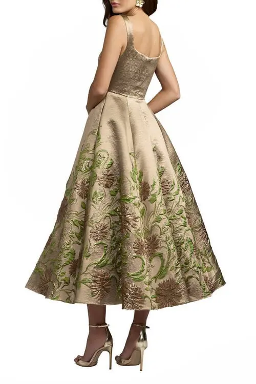 Mac Duggal Embroidered Floral Jacquard A-line Midi Dress
