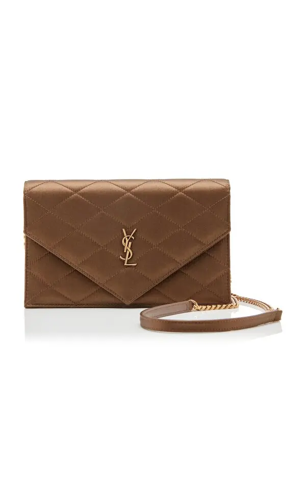 Saint Laurent Chain Satin Matelasse Wallet - Brown