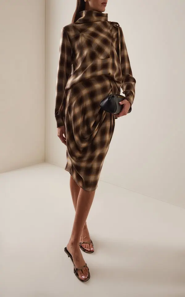 Co Draped Tencel Plaid Skirt