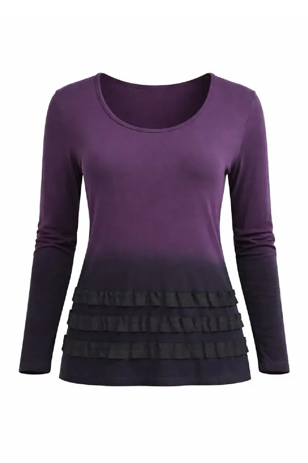 CONQUISTA Elegant Long-sleeve Top With Ruffle Detail In Deep Plum - Purple