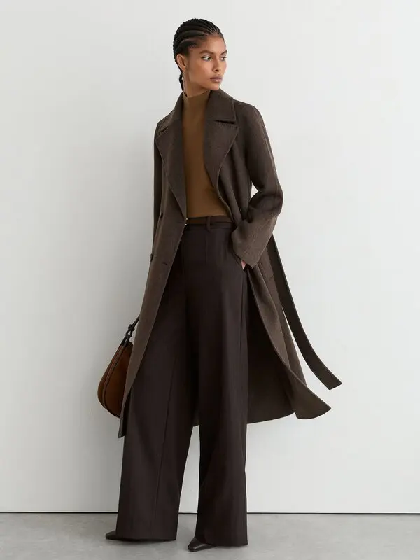 REISS Rene Petite Double-breasted Wool-blend Coat With Cashmere - Mocha Brown