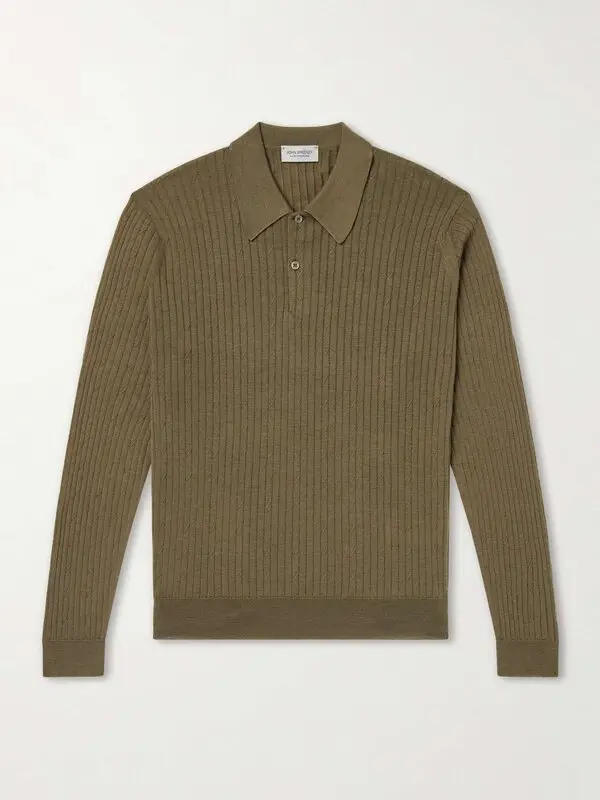 John Smedley Hodson Ribbed Merino Wool Polo Shirt - Green