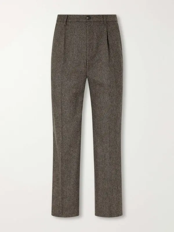 Portuguese Flannel Straight-leg Pleated Wool Herringbone Trousers - Brown