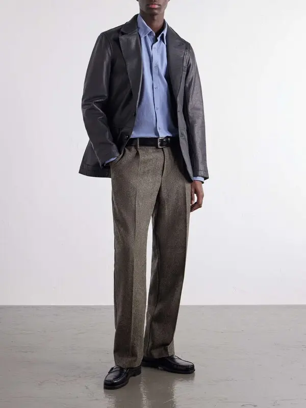 Portuguese Flannel Straight-leg Pleated Wool Herringbone Trousers