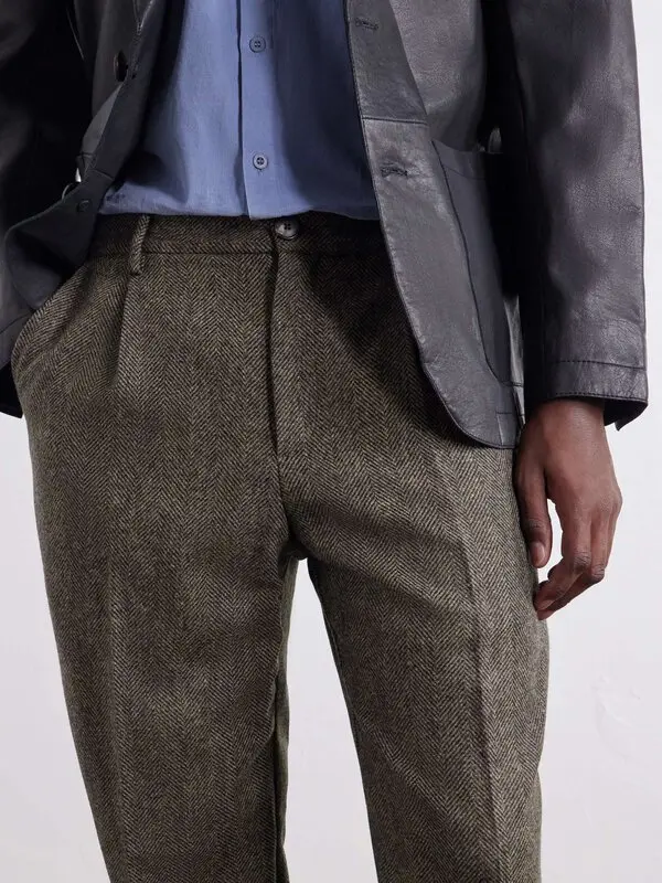 Portuguese Flannel Straight-leg Pleated Wool Herringbone Trousers