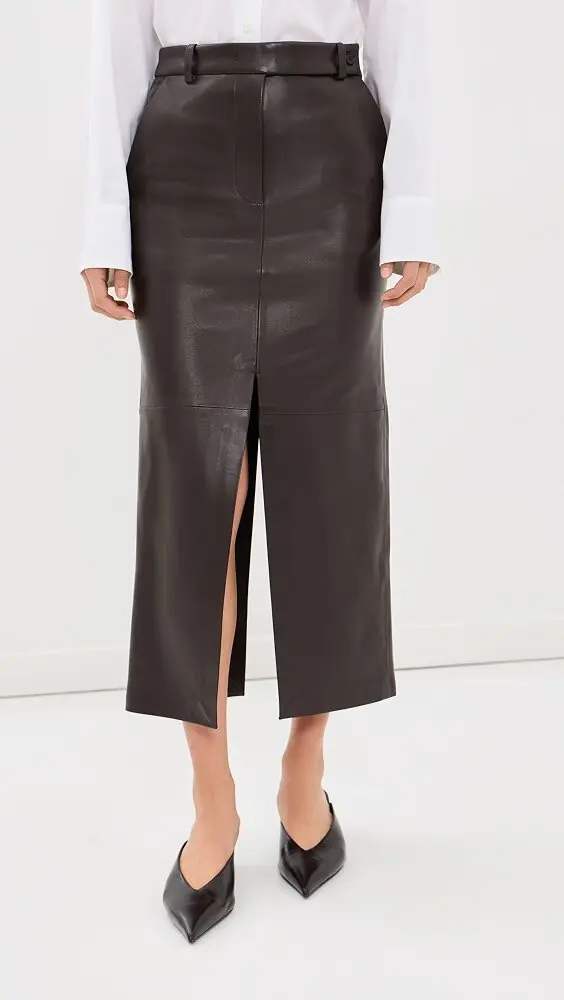 Co Double Slit Leather Pencil Skirt - Chocolate