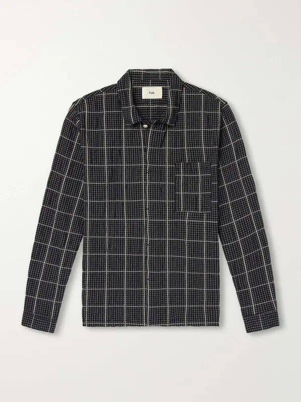 Folk Patch Checked Cotton-blend Seersucker Shirt - Black