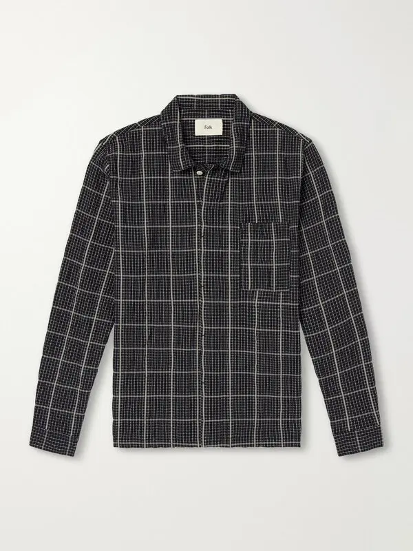 Folk Patch Checked Cotton-blend Seersucker Shirt - Black