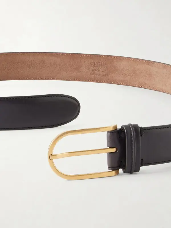 Zegna Leather Belt With Gold Tone Buckle