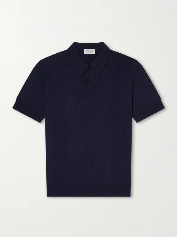 John Smedley Croall Ribbed Merino Wool Polo Shirt - Blue