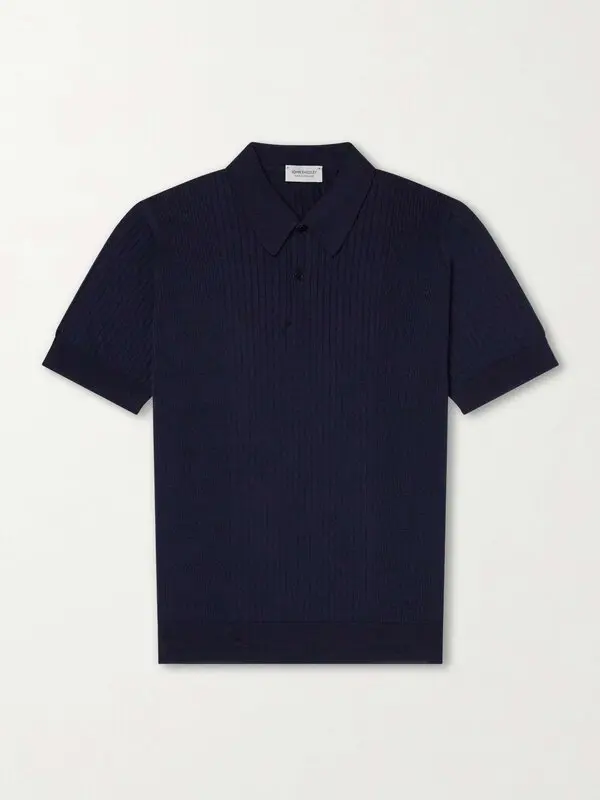 John Smedley Croall Ribbed Merino Wool Polo Shirt - Navy