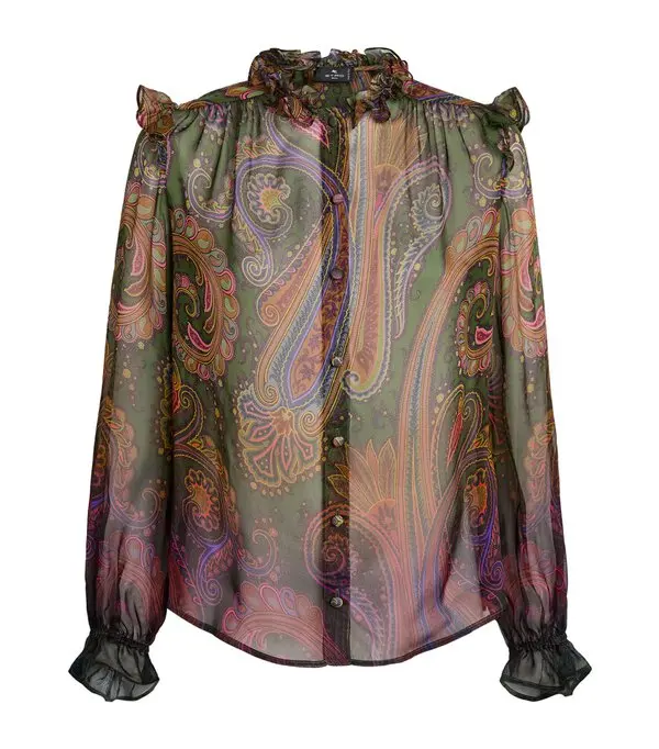 Etro Silk Ruffle Paisley Blouse - Green