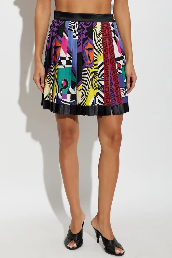 Versace Pleated Silk Mini Skirt With Abstract Print