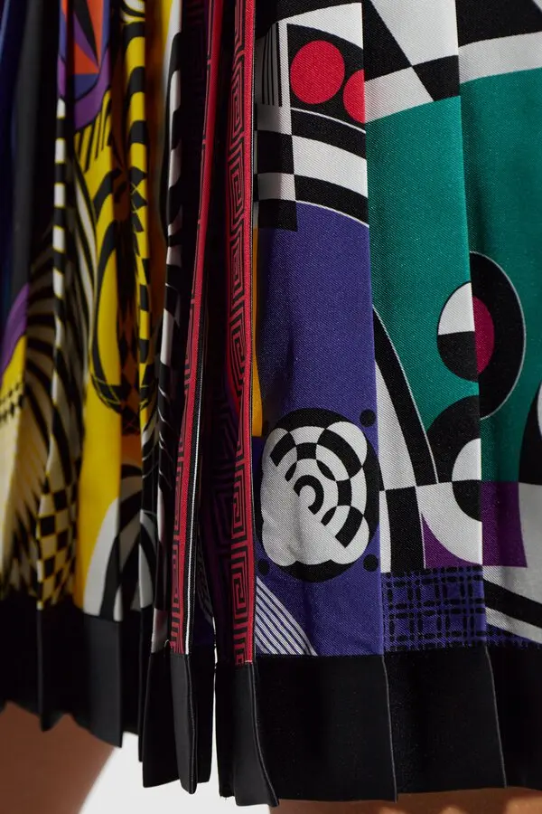 Versace Pleated Silk Mini Skirt With Abstract Print