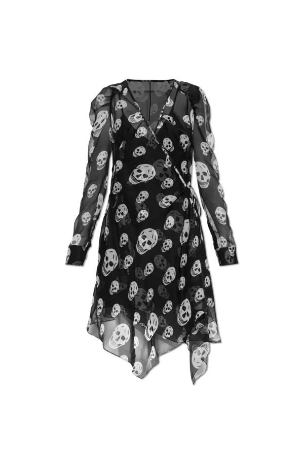 Alexander McQueen Asymmetrical Skull Print Silk Dress - Black