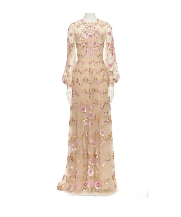 Valentino Garavani Long Sleeve Sequin Embellished Dress - Nude