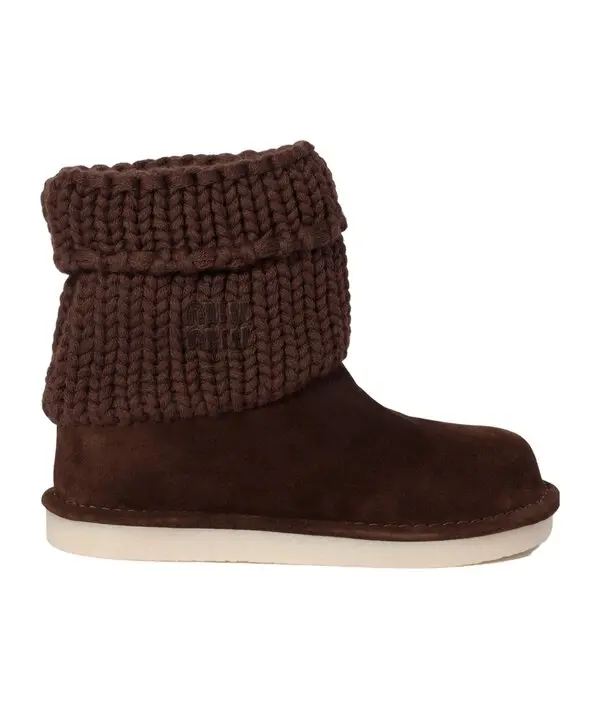 Miu Miu Suede And Knit Ankle Boots - Dark Brown